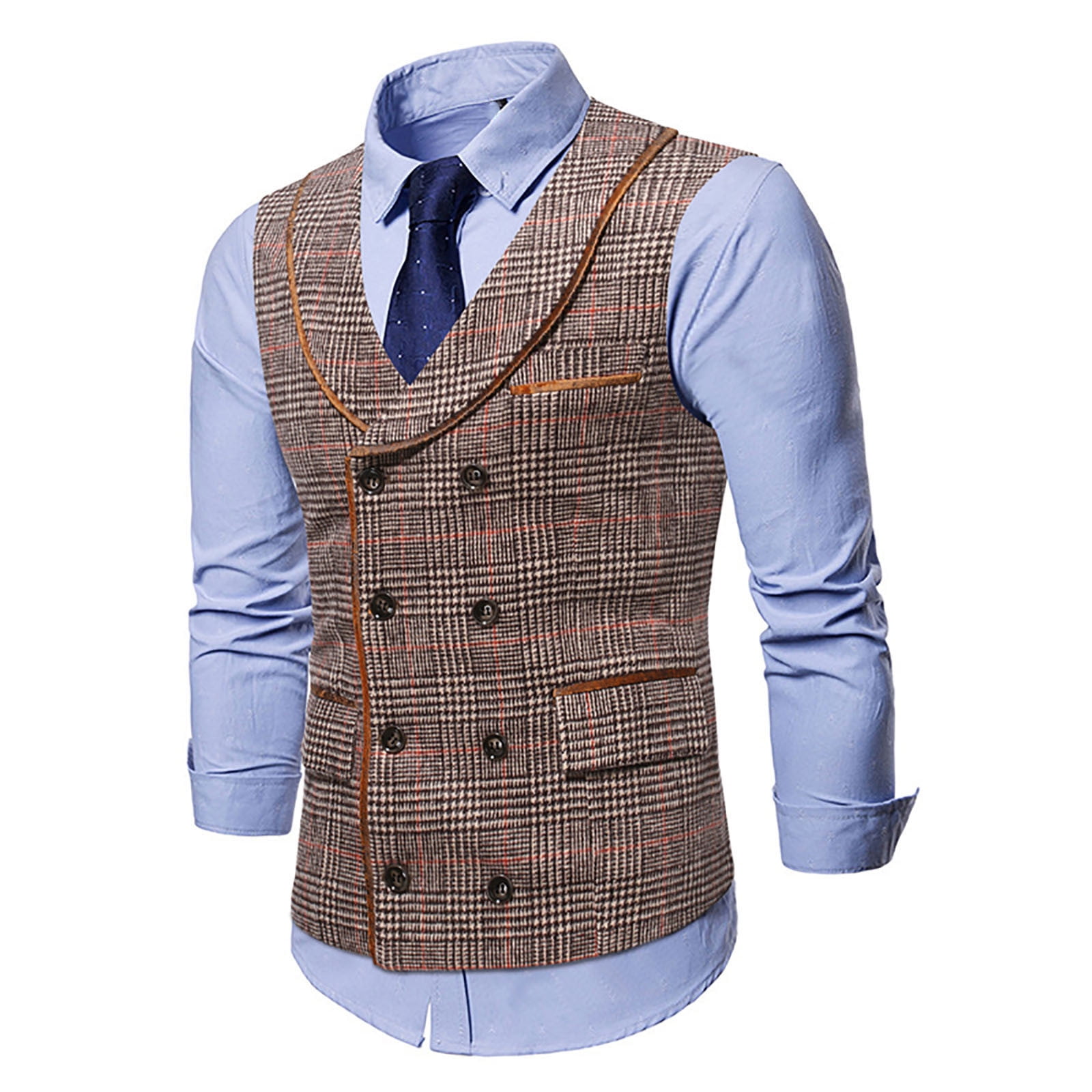 APEXFWDT Men's Double Breasted Business Wedding Vests Plaid Dress ...