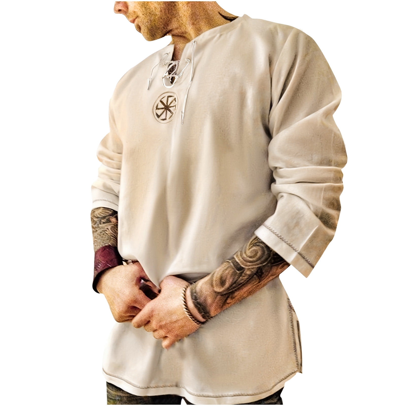 APEXFWDT Men's Fashion Linen Shirt Long Sleeve Solid Color Ethnic Beach Yoga Top V Neck Beach ...