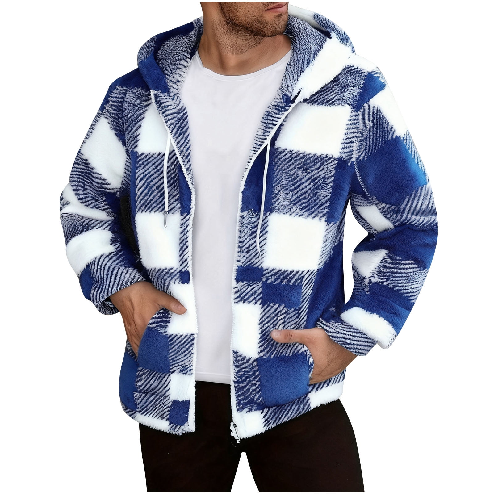 APEXFWDT Men's Fuzzy Fleece Plaid Jacket Zip-Up Fall Winter Hooded ...