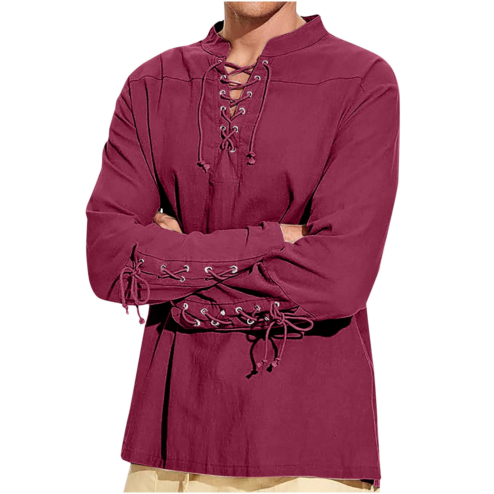 APEXFWDT Men's Gothic Linen Tunic - V-Neck Lace-Up Shirt with Drawstring Cuffs Long Sleeve ...