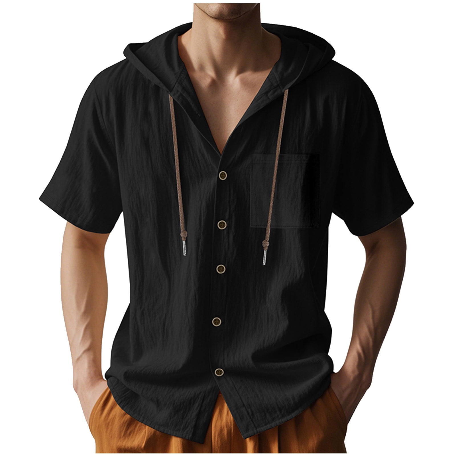 APEXFWDT Men's Linen Hooded Shirts Casual Loose Button Down Beach Shirts Short Sleeve Pocket ...
