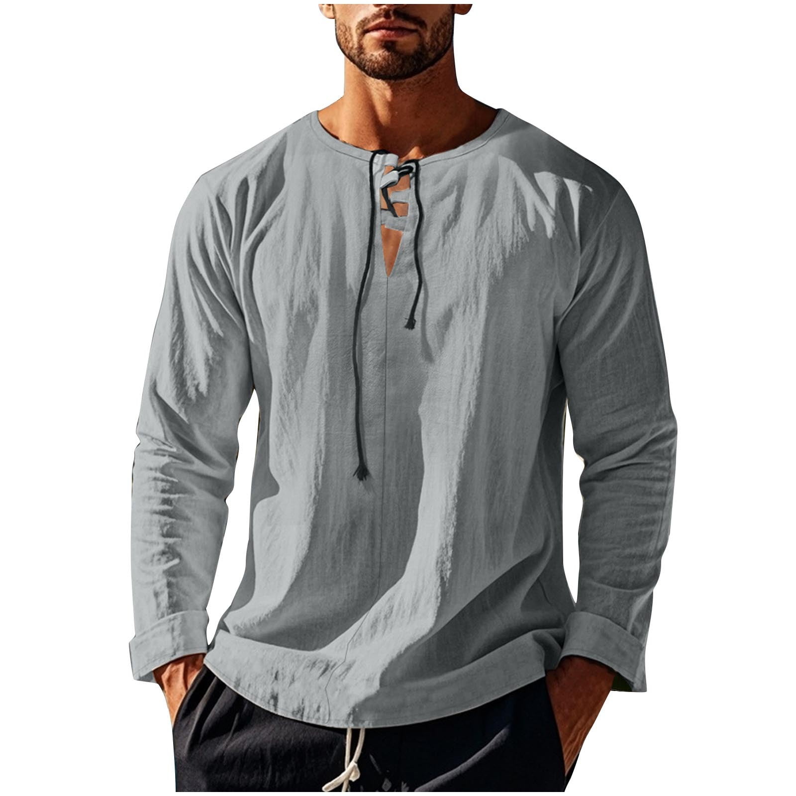 APEXFWDT Men's Long Sleeve Linen Shirt - Vintage V-Neck Linen Shirt with Lace-Up，Casual Shirts ...