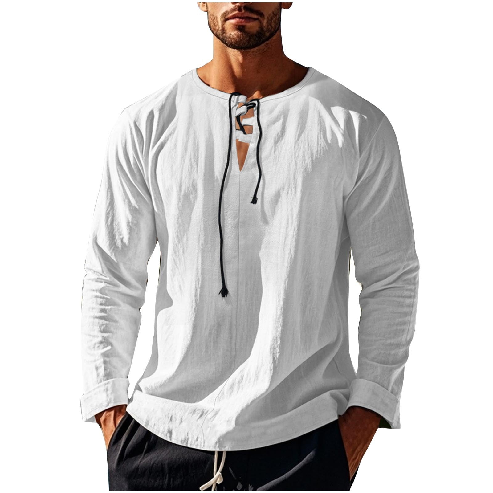 APEXFWDT Men's Long Sleeve Linen Shirt - Vintage V-Neck Linen Shirt with Lace-Up，Casual Shirts ...