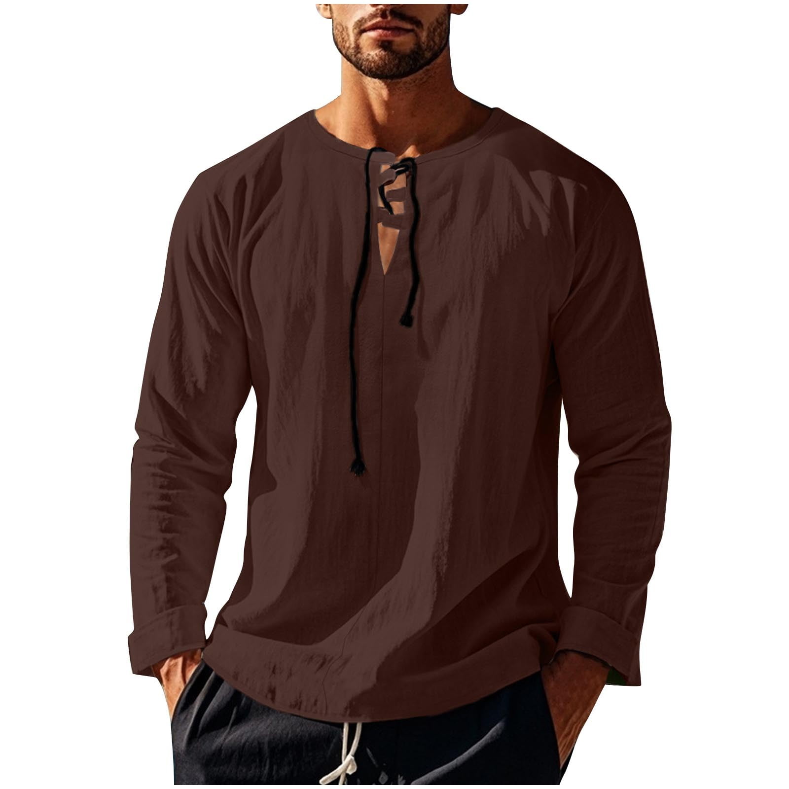 APEXFWDT Men's Long Sleeve Linen Shirt - Vintage V-Neck Linen Shirt with Lace-Up，Casual Shirts ...
