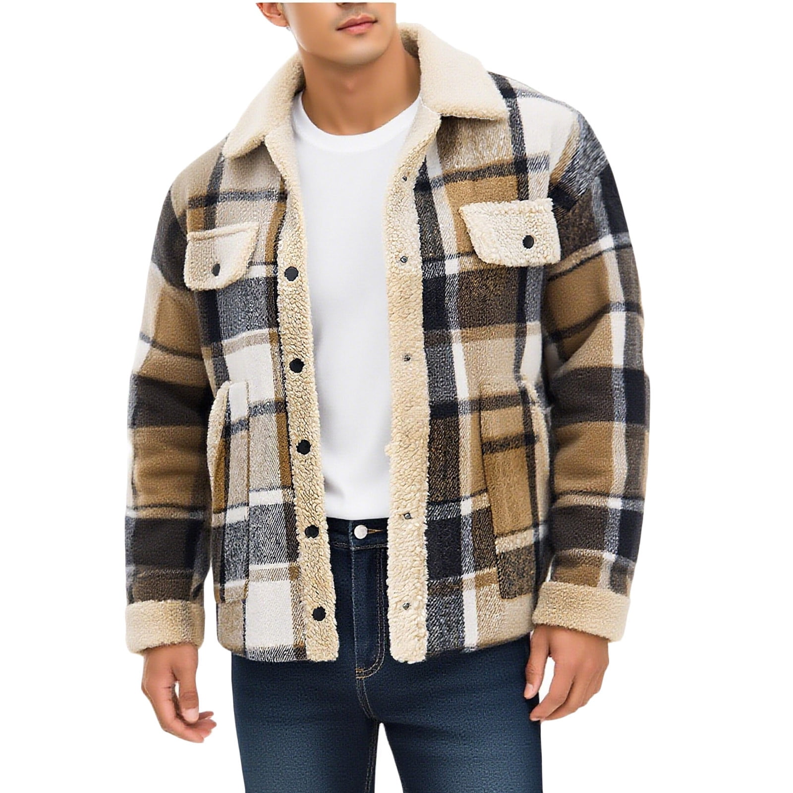 APEXFWDT Men's Plaid Shearling Jacket - Button Down Collared Long ...
