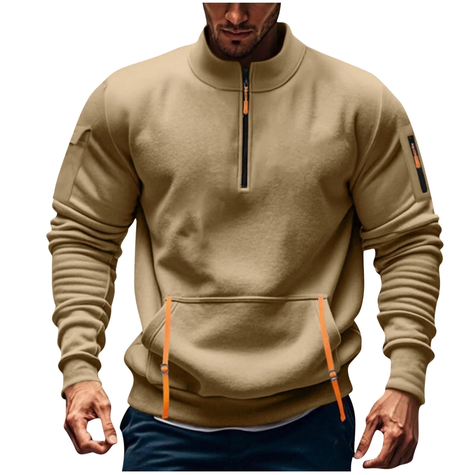 APEXFWDT Men's Quarter-Zip Cargo Sweatshirt Stand Collar Long Sleeve ...