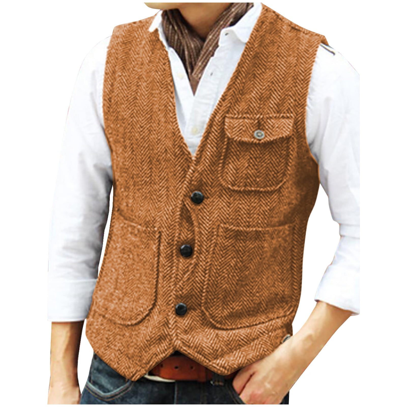 APEXFWDT Men’s Vintage Herringbone Blazer Vest V-Neck Waistcoat Single ...