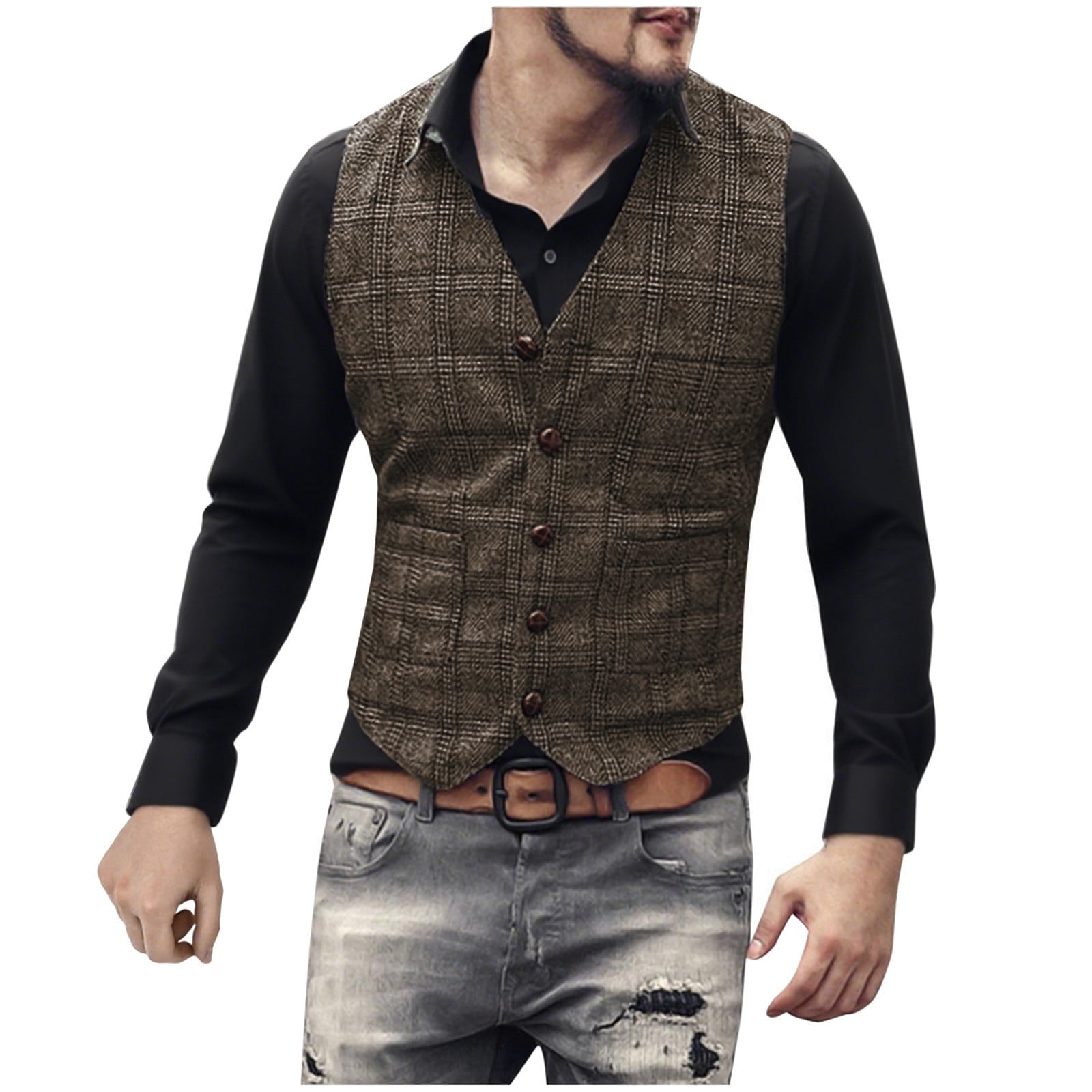 APEXFWDT Men’s Vintage Plaid Vest Single Button V-Neck Blazer Vest Slim ...