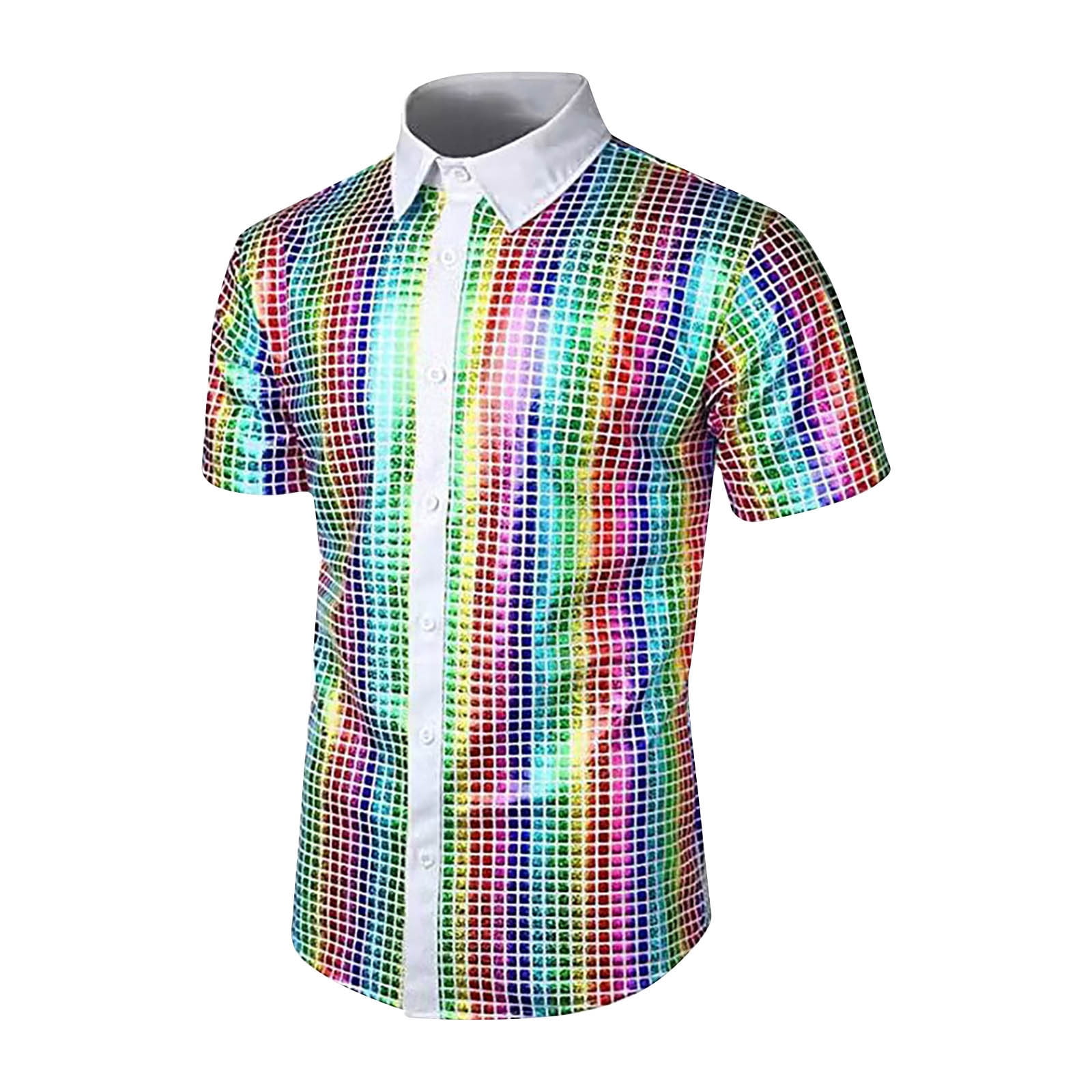 APEXFWDT Mens Button Down Disco Shirt Outfit Men Sequin Metallic Retro 70s Shirts Short Sleeve ...