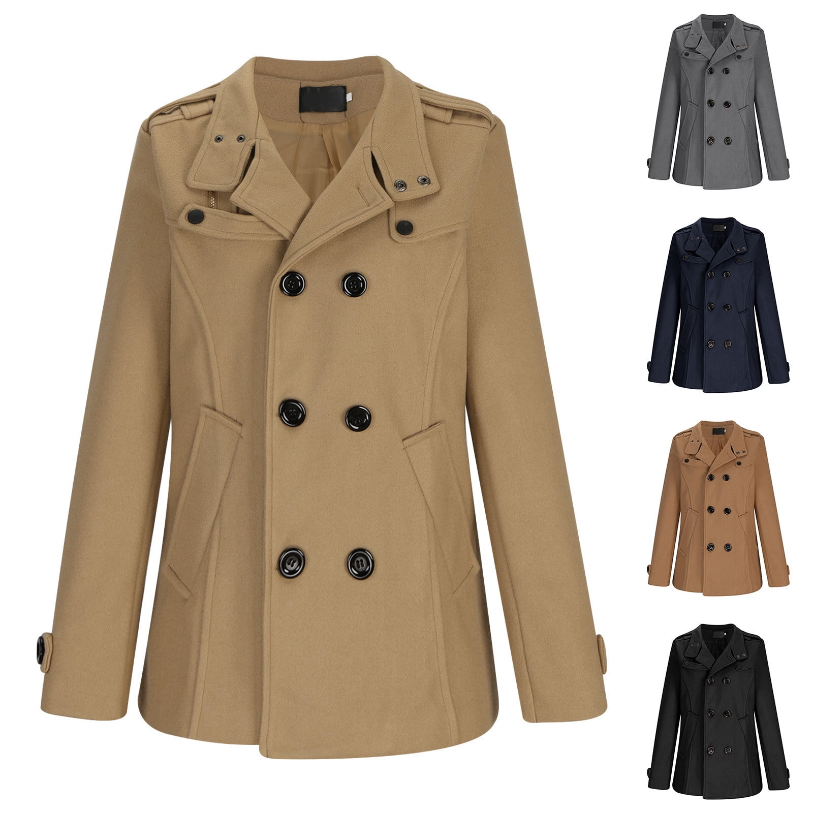 APEXFWDT Mens Classic Double Breasted Pea Coat Wool Blend Notched ...