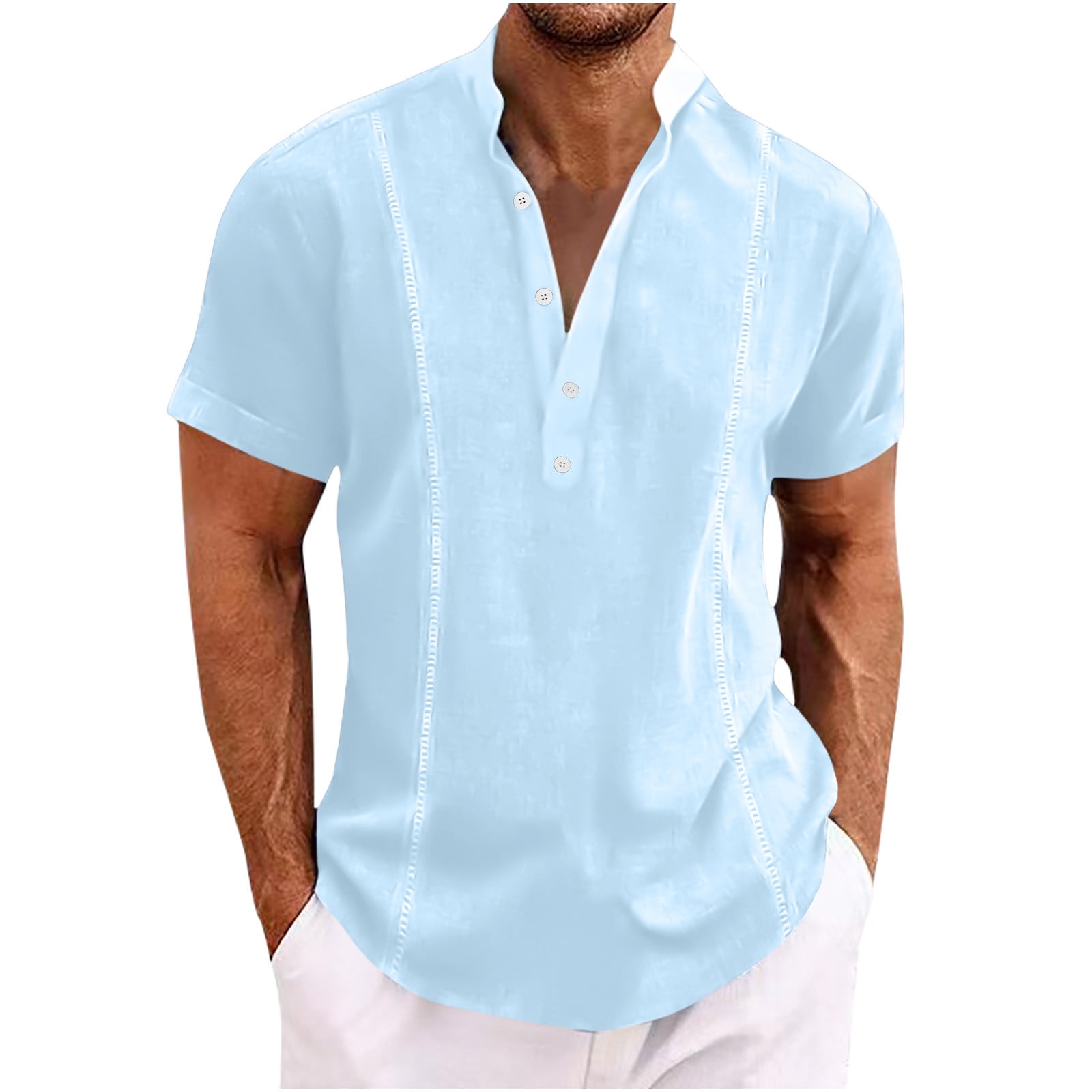 APEXFWDT Mens Cotton Linen Henley Shirts Casual Short Sleeve Banded Collar Cuban Guayabera Shirt ...