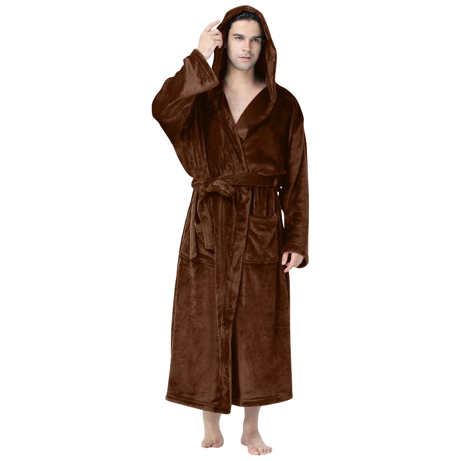 APEXFWDT Mens Hooded Fleece Bathrobe, Soft Warm Plush Long Sleeve Robe ...