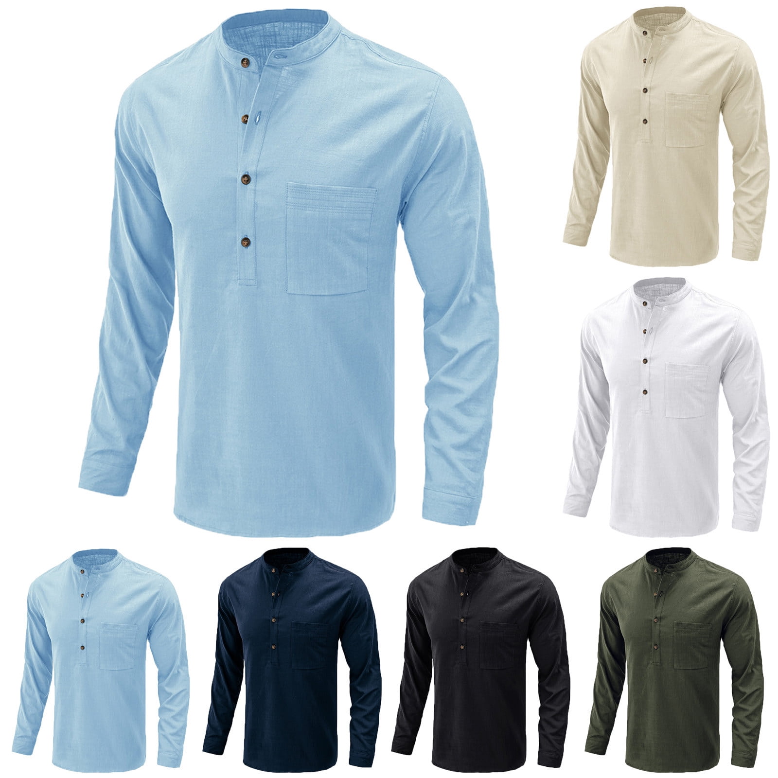 APEXFWDT Mens Linen Shirt Long Sleeve Regular Fit Button Up Shirt Casual Beach Collarless Shirts ...