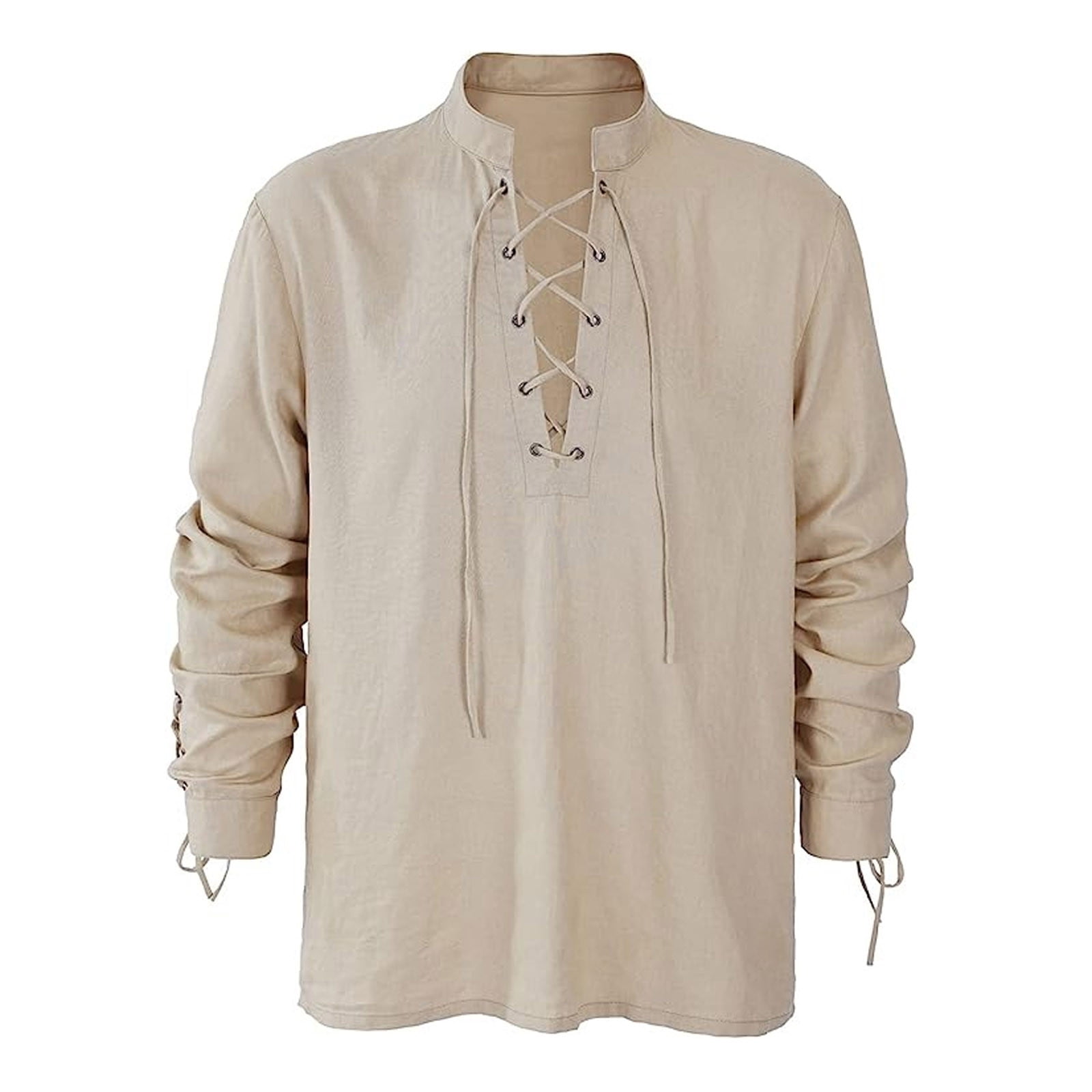 APEXFWDT Mens Medieval Pirate Shirt Viking Renaissance Lace up T-Shirt Stand Collar Long Sleeve ...