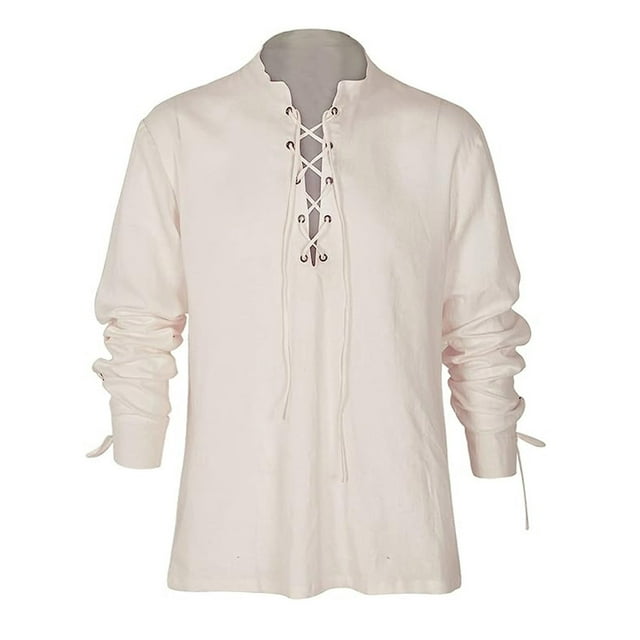 APEXFWDT Mens Medieval Pirate Shirt Viking Renaissance Lace up T-Shirt Stand Collar Long Sleeve ...