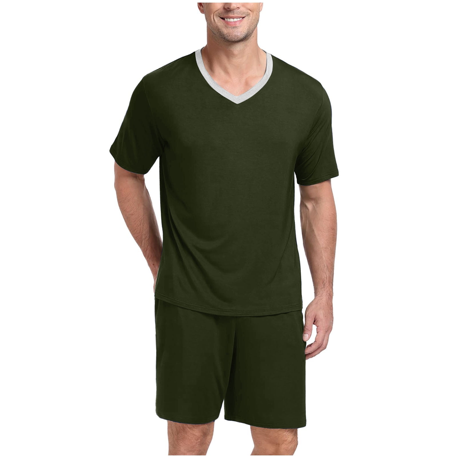APEXFWDT Mens Pajama Set Short Sleeve V Neck 2 Piece Nightwear and ...