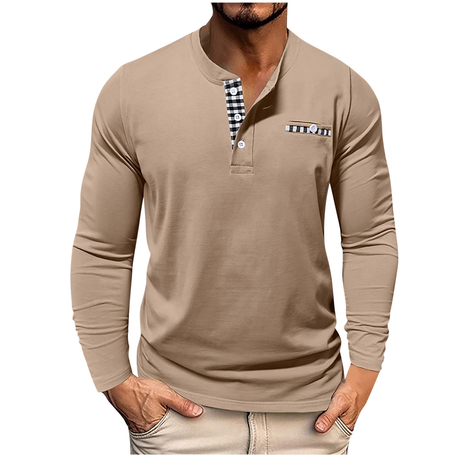 APEXFWDT Mens Plaid Accent Henley Shirt - Chest Pocket Work Shirt Long ...