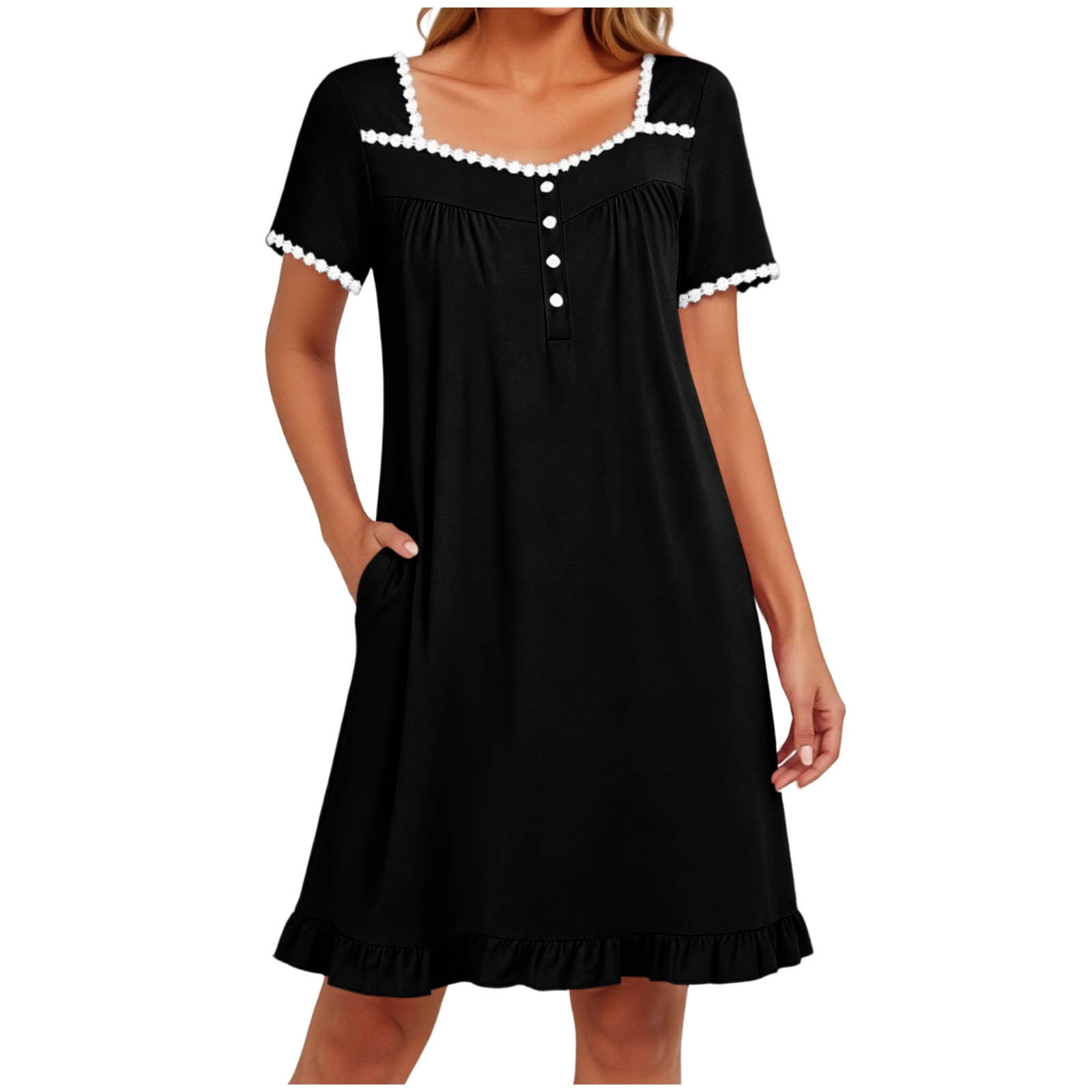 APEXFWDT Nightgowns for Women Square Neck Lace Trim Sleep Dress Short ...