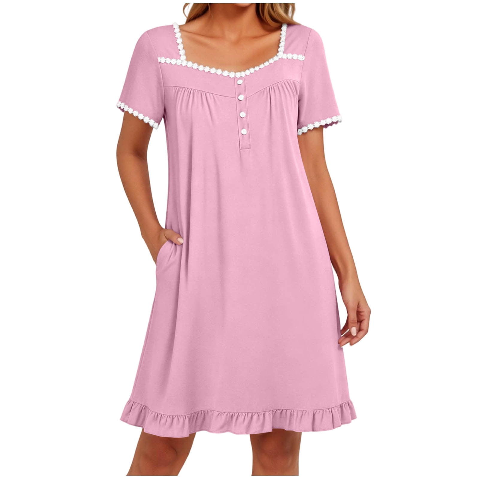 APEXFWDT Nightgowns for Women Square Neck Lace Trim Sleep Dress Short ...