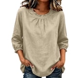 APEXFWDT Ruffled Linen Tops for Women Crew Neck 3/4 Sleeve Tops Retro ...