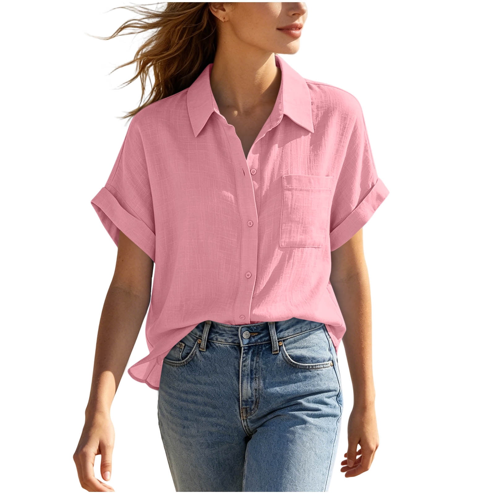 APEXFWDT Short Sleeve Button Down Shirt Women Cotton Linen Casual ...
