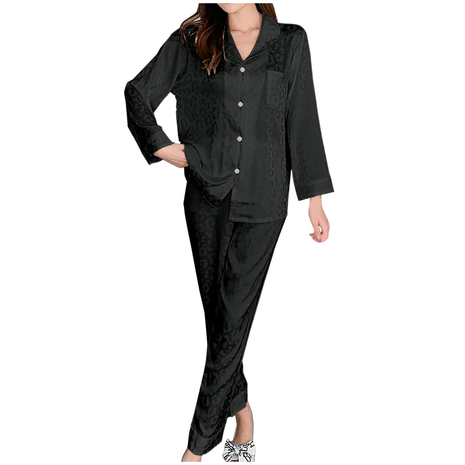 Apexfwdt Silk Satin Womens Pajama Sets Button Down Sleepwear Loungewear