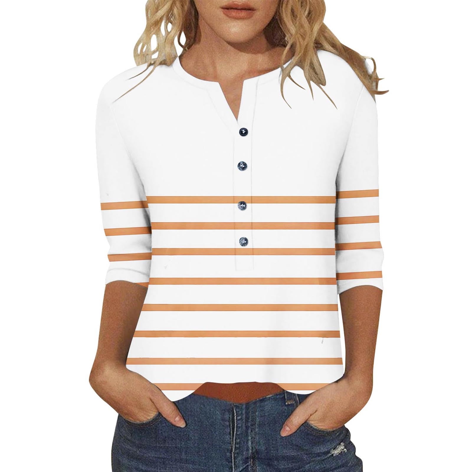 APEXFWDT Striped Henley Shirt Women Plus Size 3/4 Length Sleeve Tops ...