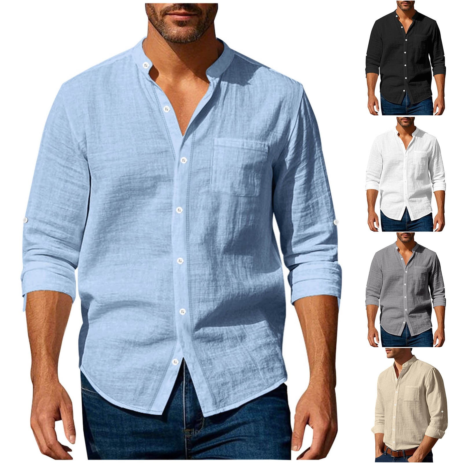APEXFWDT Men's Linen Long Sleeve Shirt Relaxed Fit Spread Collar Casual Shirt Button Down Summer ...