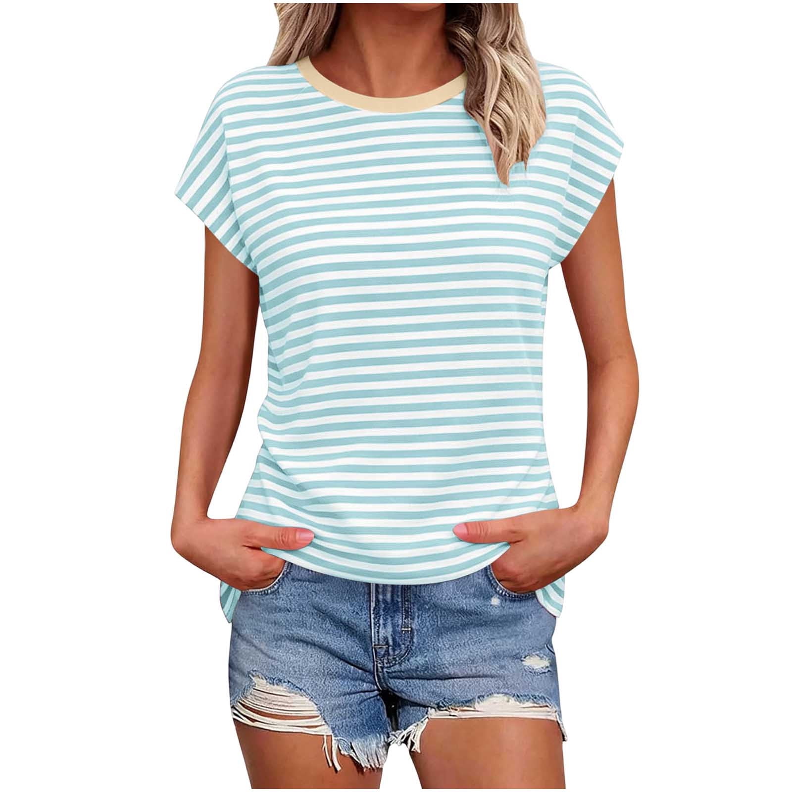 APEXFWDT Trendy Tshirts for Women Cap Sleeve Striped Tops Crewneck ...
