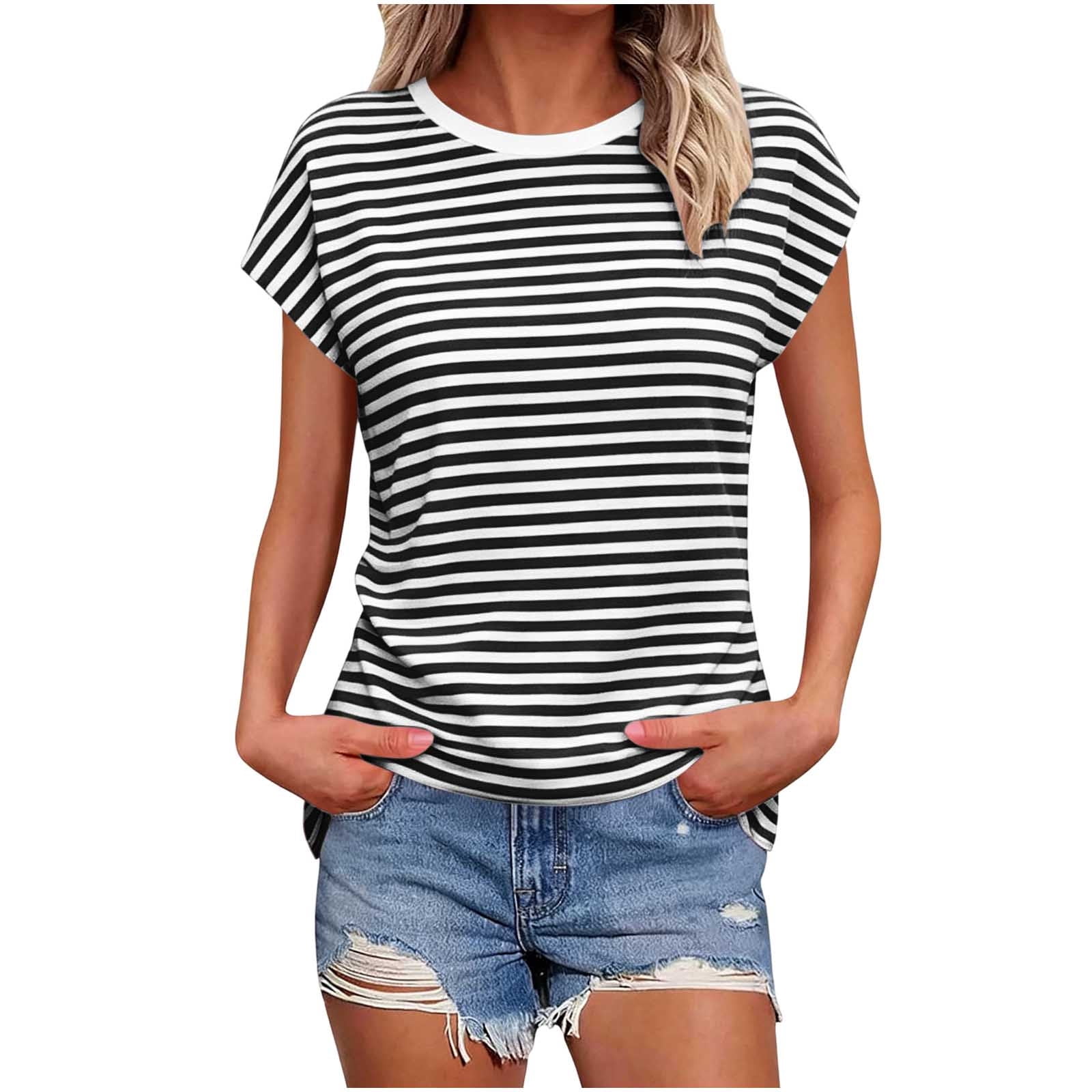 APEXFWDT Trendy Tshirts for Women Cap Sleeve Striped Tops Crewneck ...