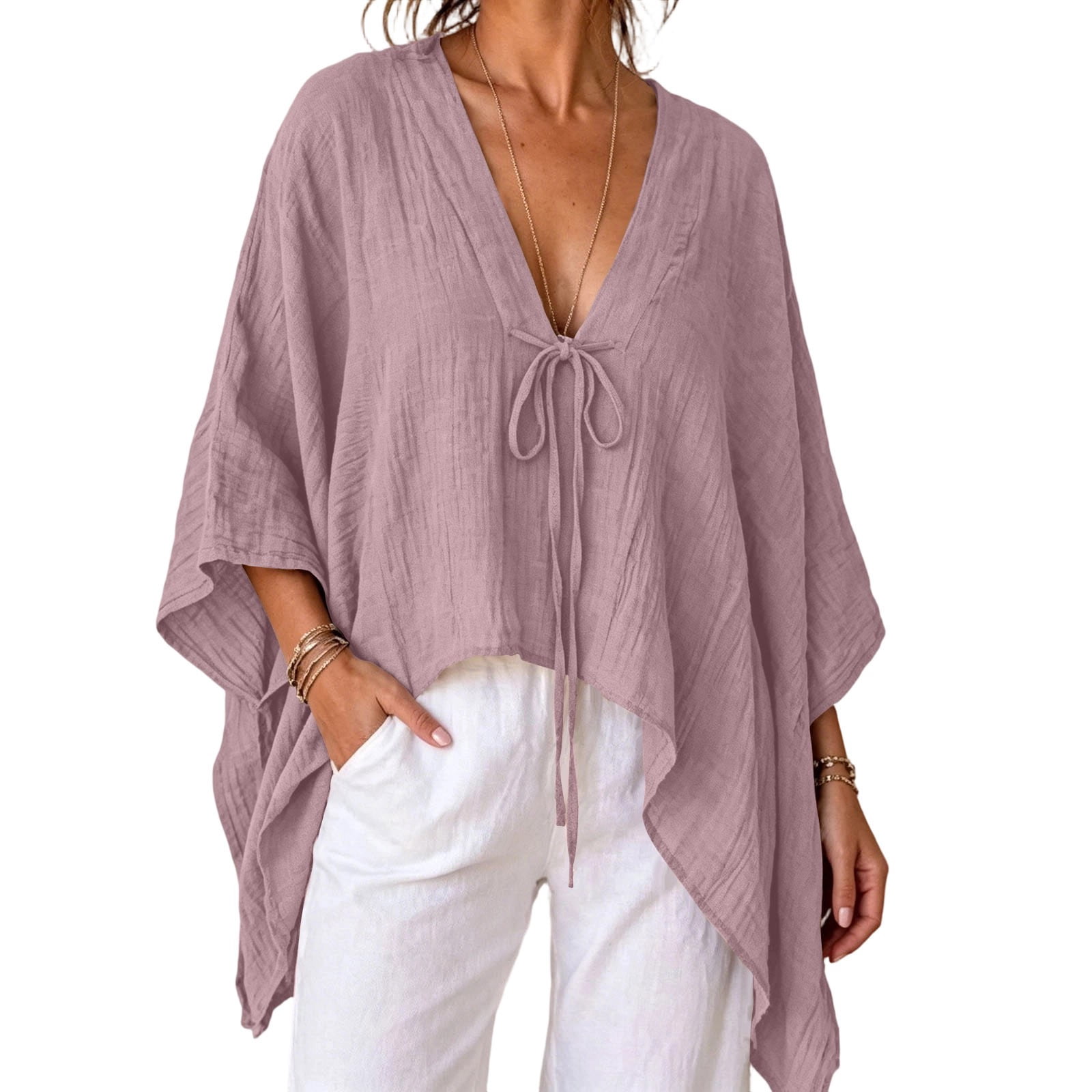 APEXFWDT V Neck Batwing Top Women 3/4 Sleeve High-Low Hem Tops Casual ...