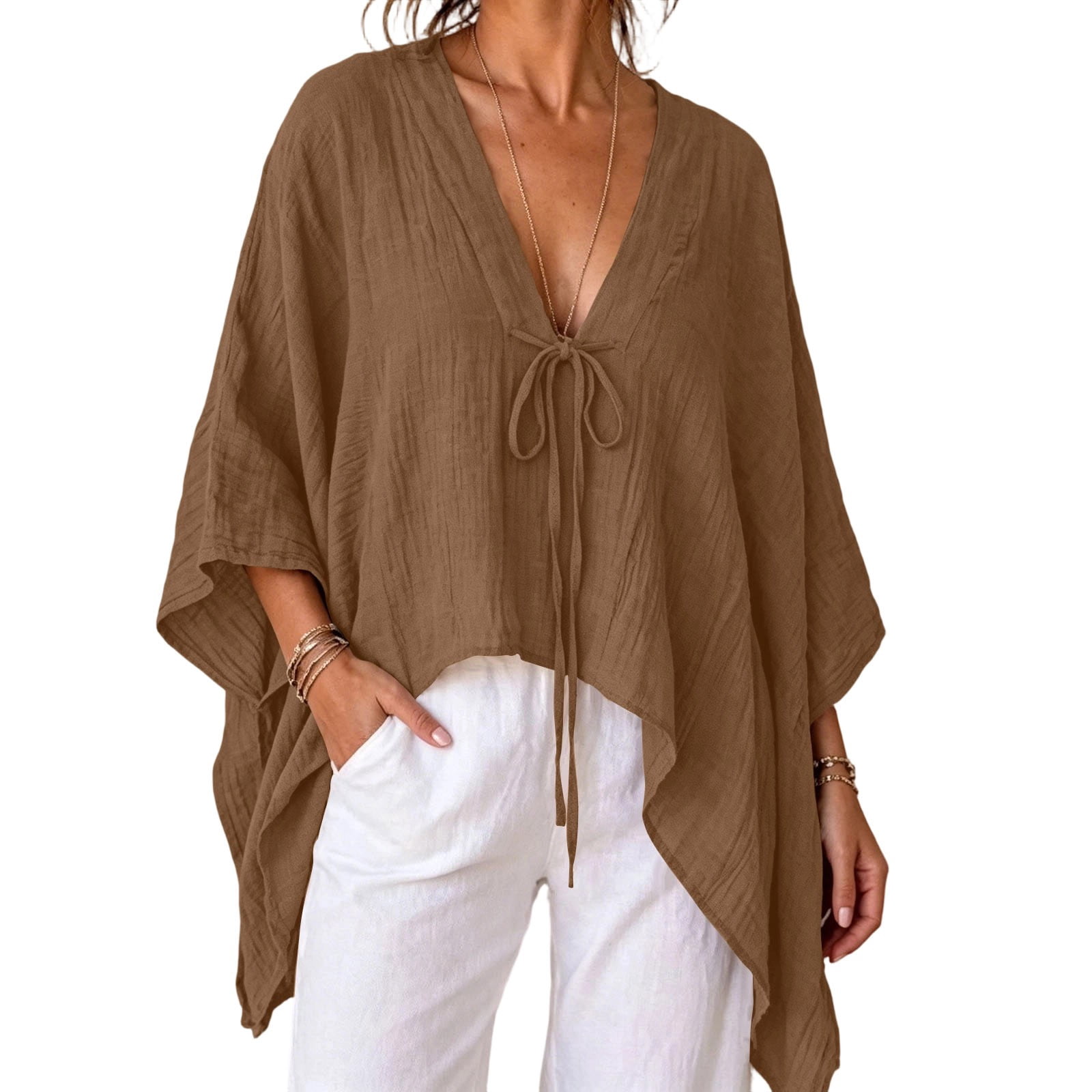 APEXFWDT V Neck Batwing Top Women 3/4 Sleeve High-Low Hem Tops Casual ...