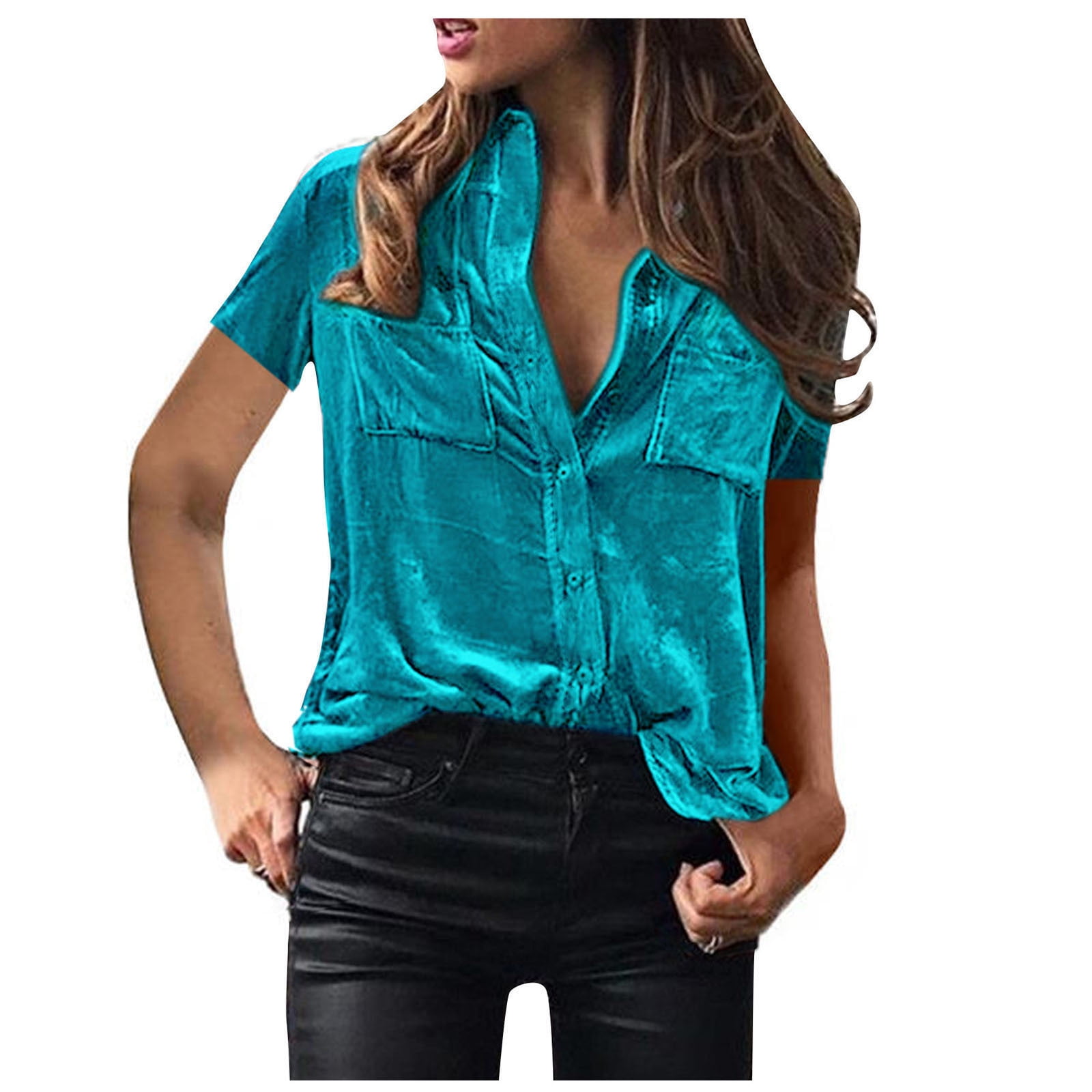 APEXFWDT Velvet Tops for Women Casual Button Down Short Sleeve Shirt ...