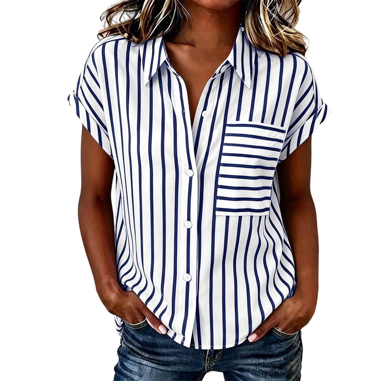 APEXFWDT Vertical Striped Shirt Women Button Down Short Sleeve Shirts ...