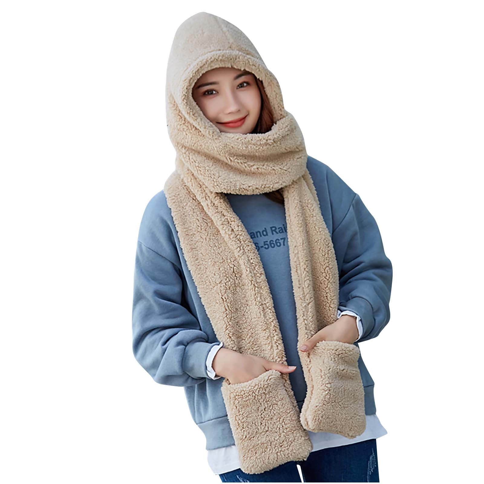 APEXFWDT Winter Fluffy 2 in 1 Hooded Scarf for Women Kawaii Bear Ear ...