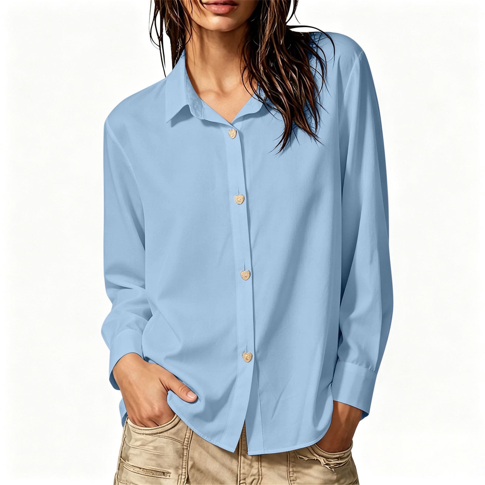 APEXFWDT Women Button Down Dress Shirt Classic Collared Long Sleeve ...