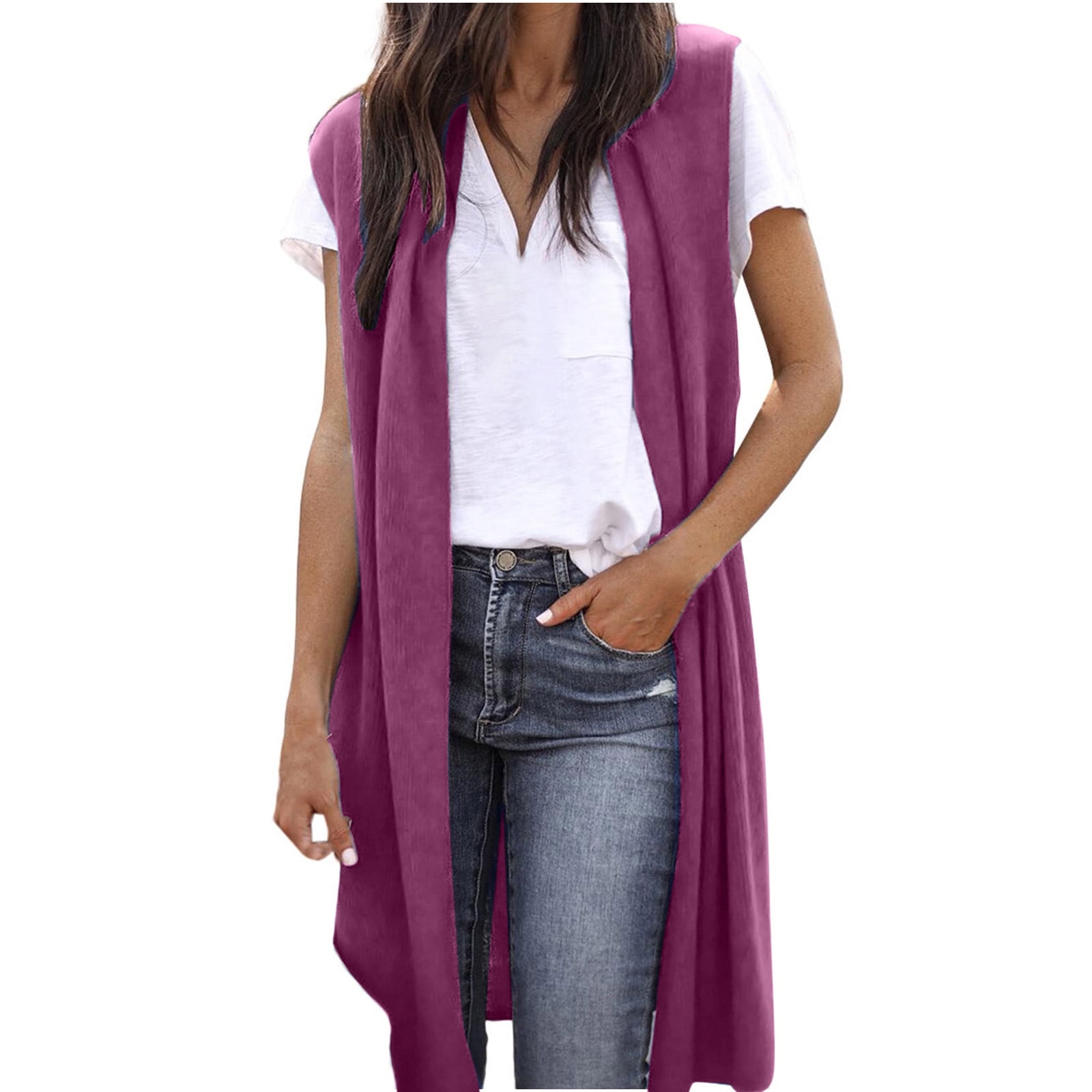 APEXFWDT Women Casual Sleeveless Open Front Vest Long Cardigan Tops ...