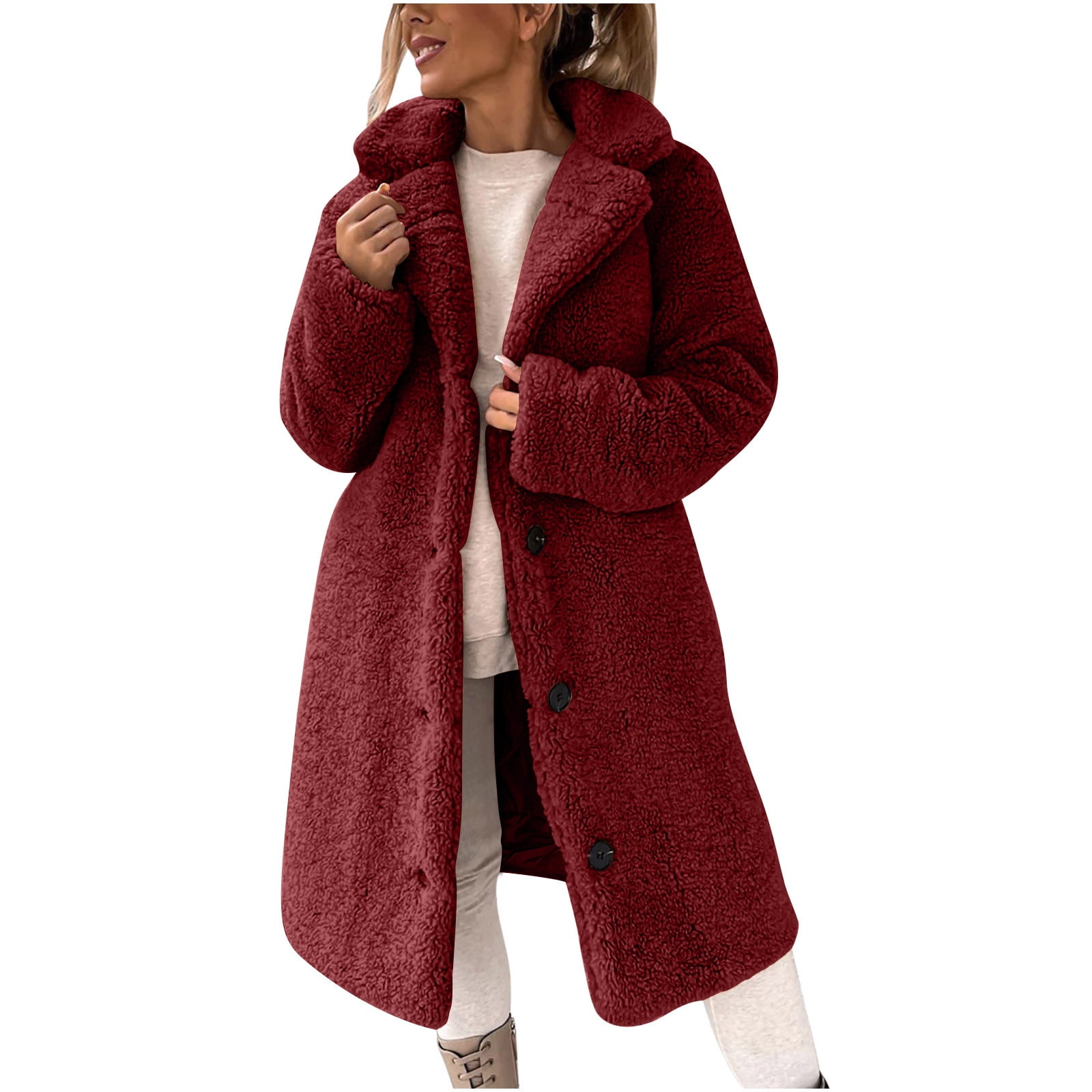 APEXFWDT Women Faux Furry Winter Coats Button Down Mid-Long Teddy Bear ...