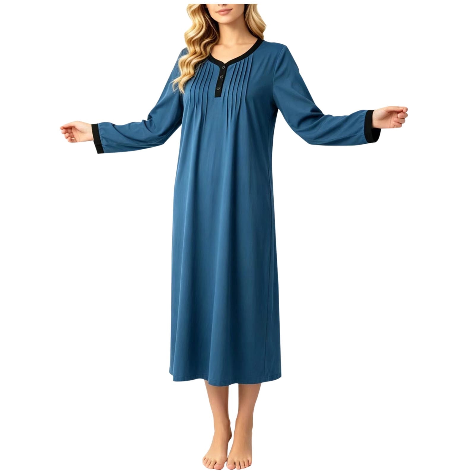 APEXFWDT Women Nightgowns Long Sleeve Pleated Full Length Sleep Dress ...