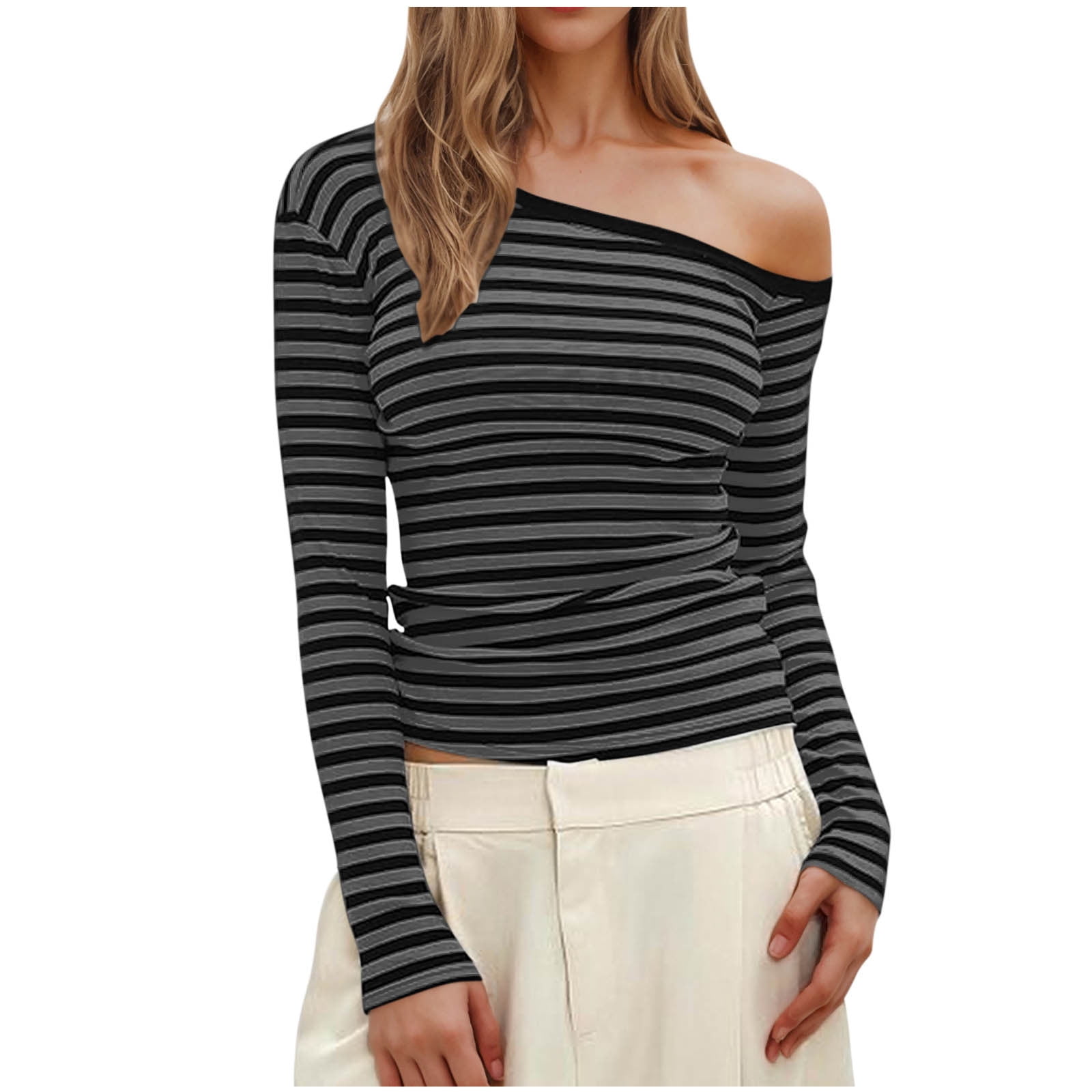 APEXFWDT Women One Shoulder Striped Top Casual Long Sleeve Shirts Slim ...