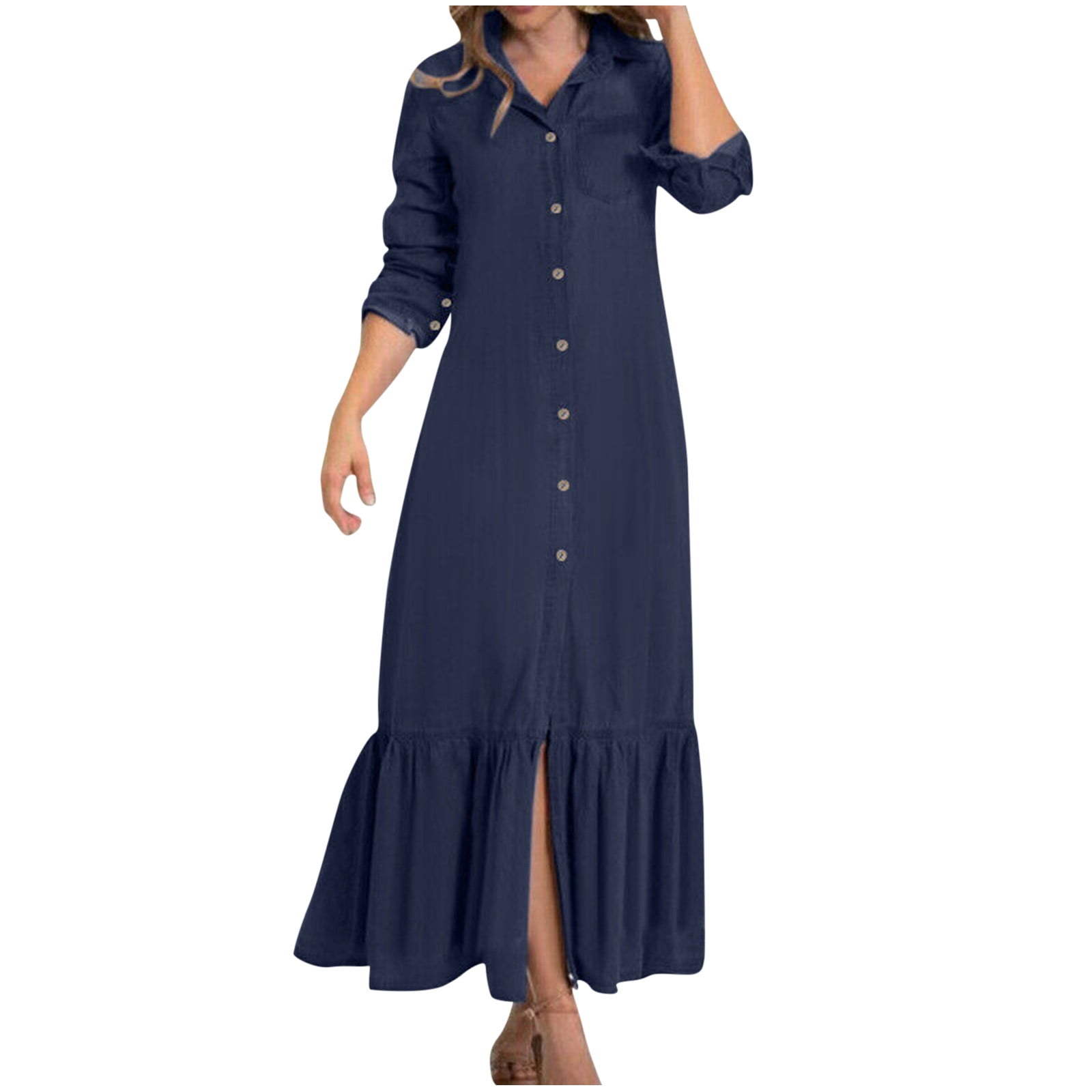 APEXFWDT Women Plus Size Denim Dresses Casual V Neck Pleated Hem Long ...