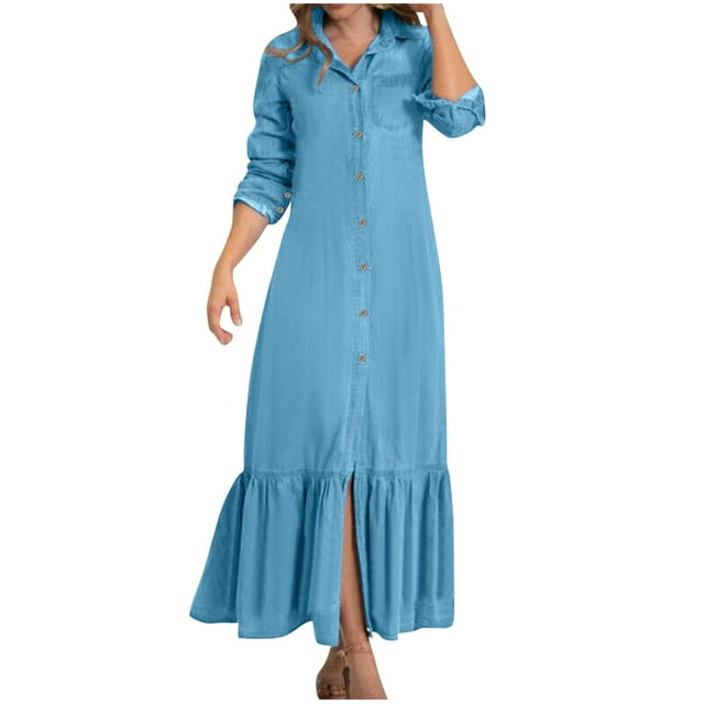 APEXFWDT Women Plus Size Denim Dresses Casual V Neck Pleated Hem Long ...