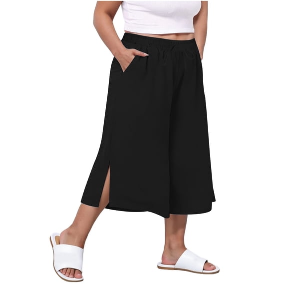 APEXFWDT Women Plus Size Linen Capri Wide Leg Split Pants Drawstring ...