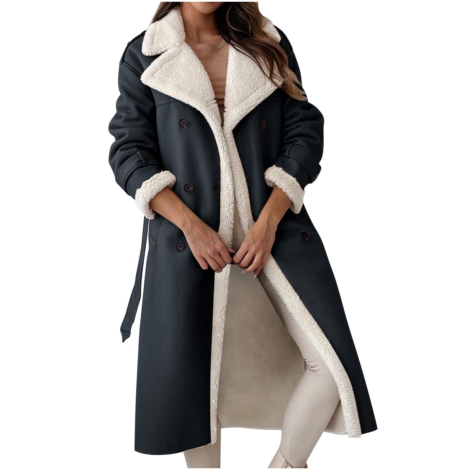APEXFWDT Women Shearling Sheepskin Faux Leather Coat Long Winter Warm Sherpa Lined Jacket Notch ...