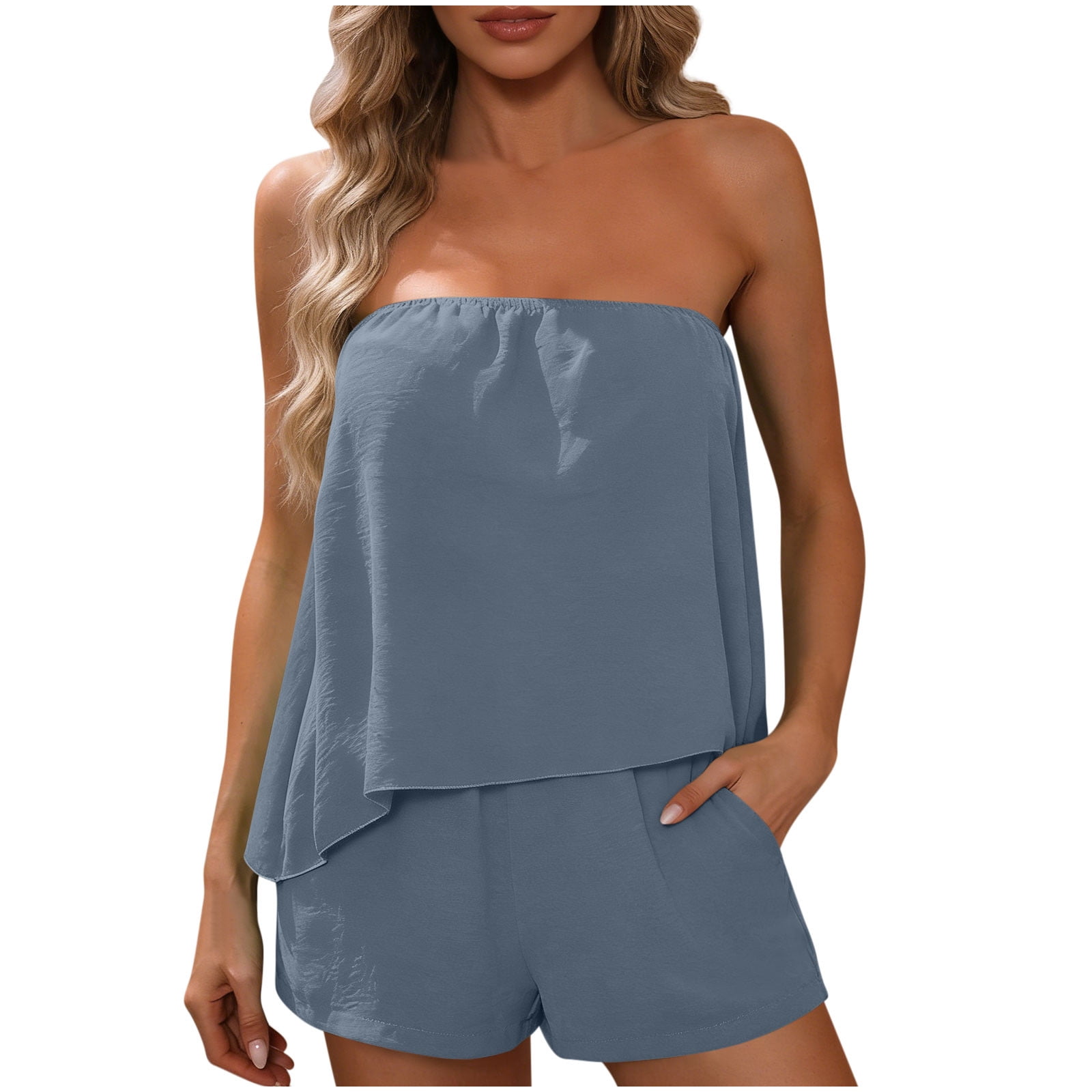 APEXFWDT Women Summer 2 Piece Outfits Strapless Bandeau Tube Top Shorts ...