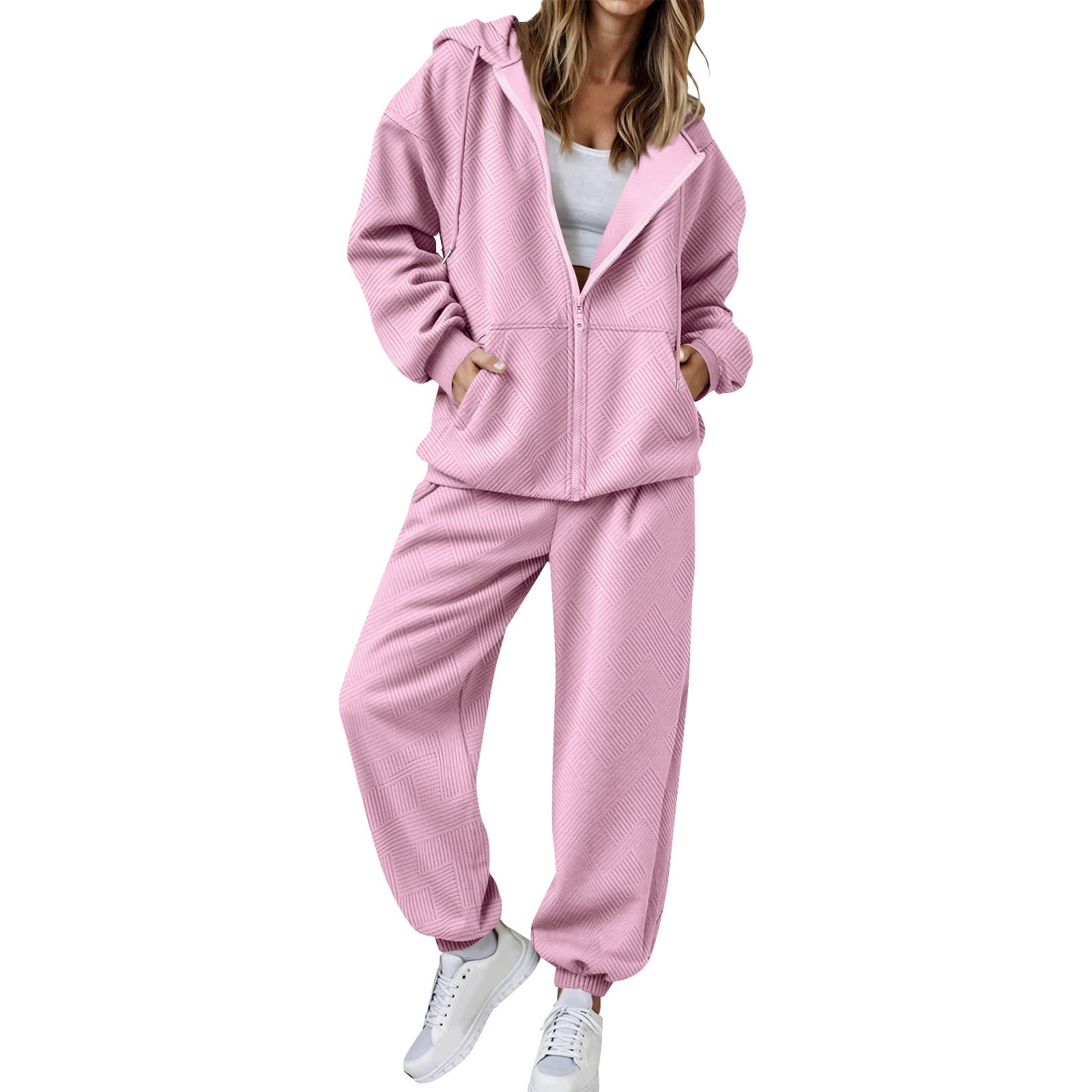 APEXFWDT Women's 2-Piece Jacquard Sweatsuit - Long Sleeve Loose Zip-Up ...