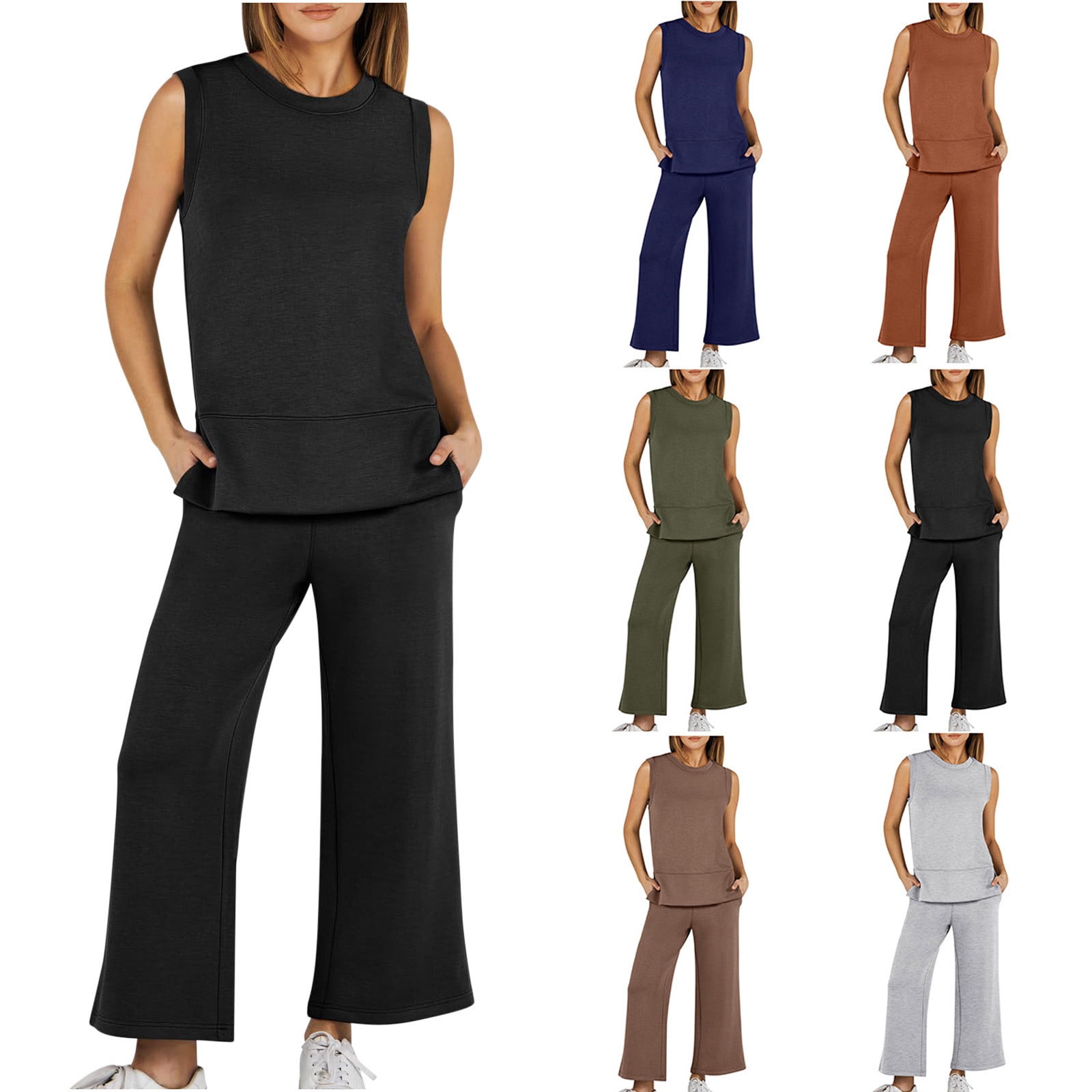 APEXFWDT Women's 2 Piece Outfits Sleeveless Tank Top Wide Leg Pants ...