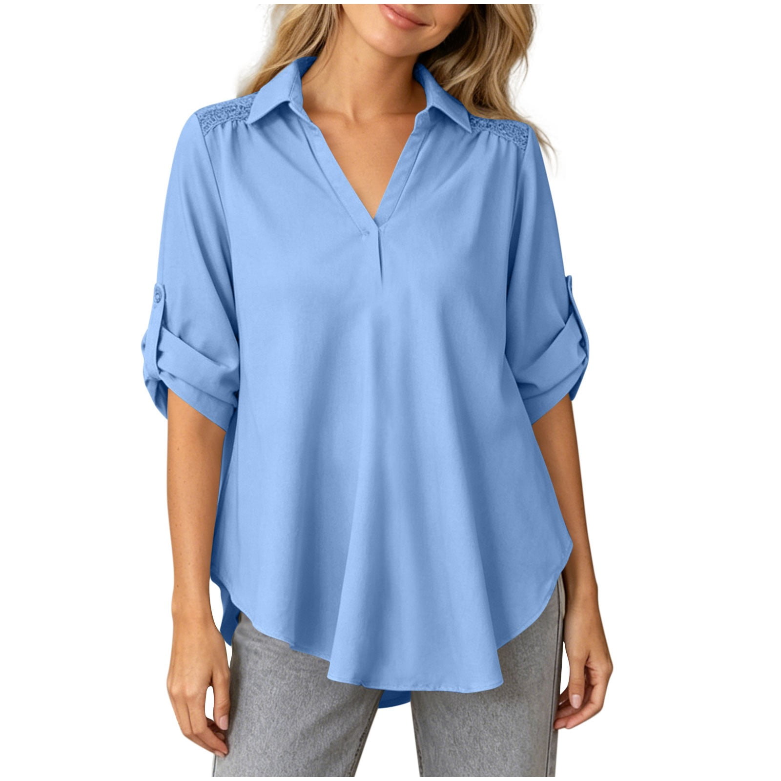 APEXFWDT Women's 3/4 Sleeve Length Tops Rolled Sleeve Collared V Neck ...