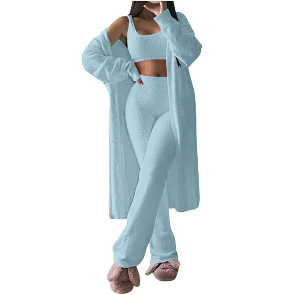 APEXFWDT Women's 3-Piece Fuzzy Pajama Set Sleeveless Camisole + Long ...