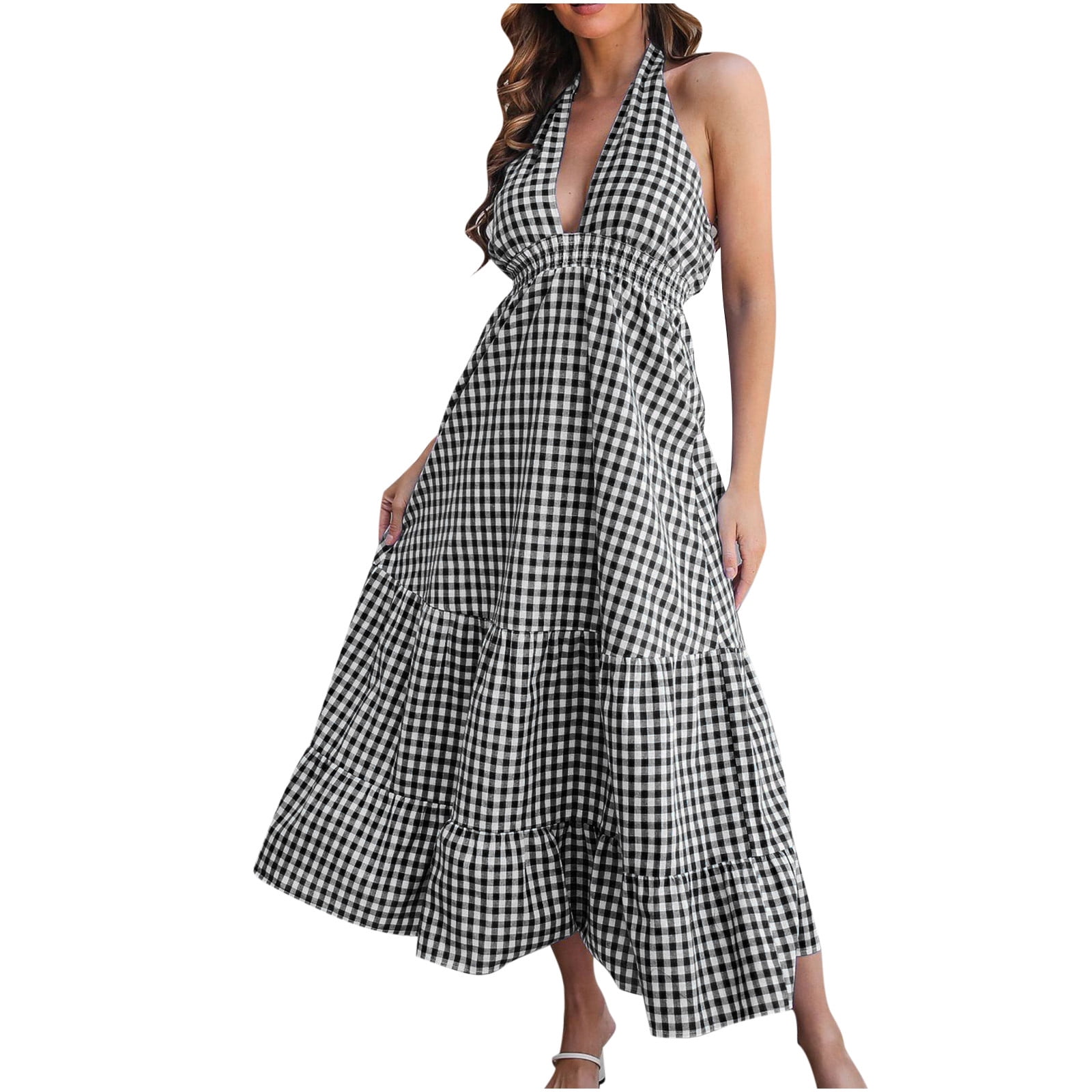 APEXFWDT Women's Backless Beach Dress Halter Neck Plaid Ruffle Plunge V ...